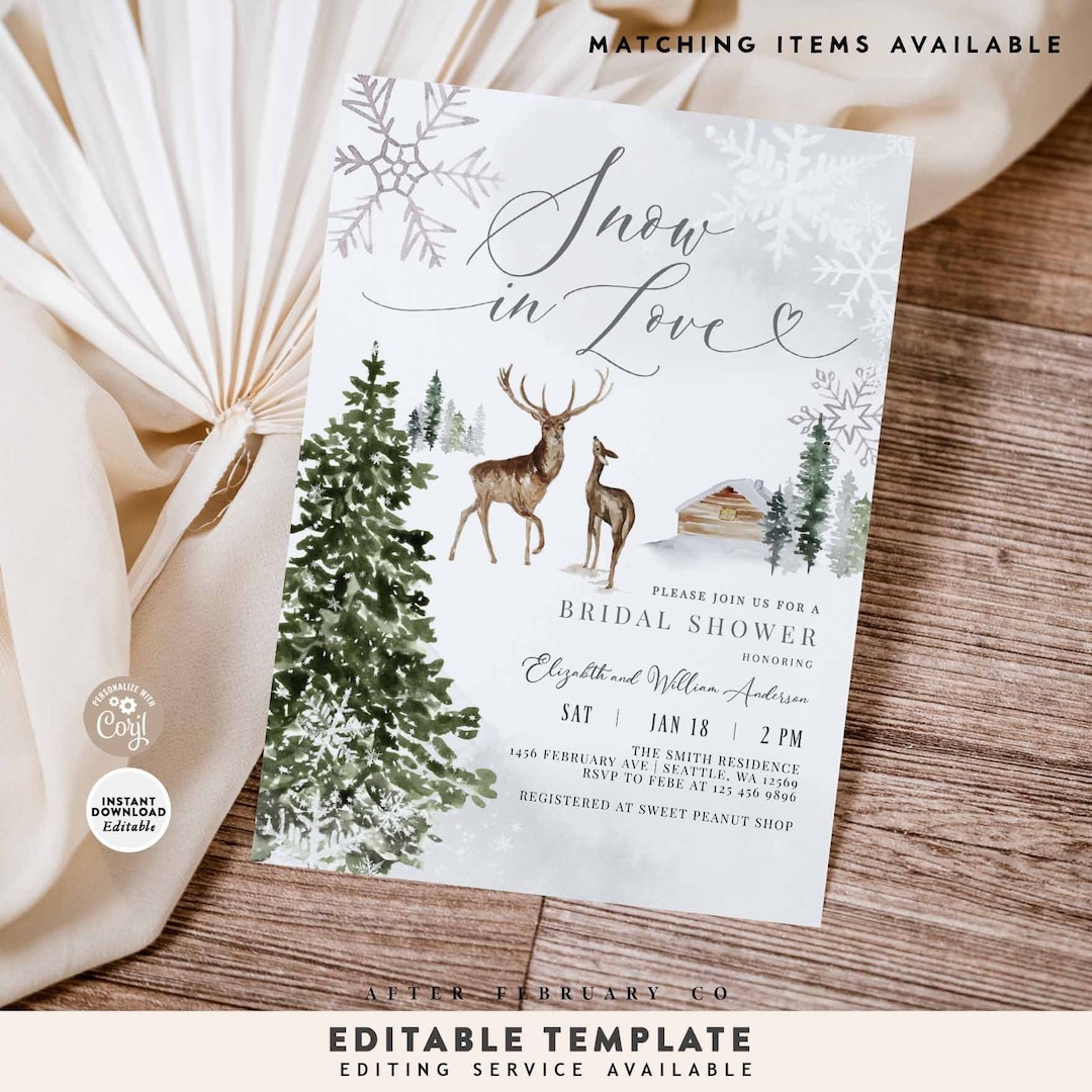 Editable Winter Woodland Snow in Love Couples Bridal Wedding Shower ...