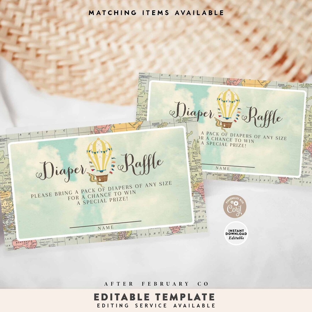 EDITABLE Greenery Vintage Hot Air Balloon Diaper Raffle Ticket ...