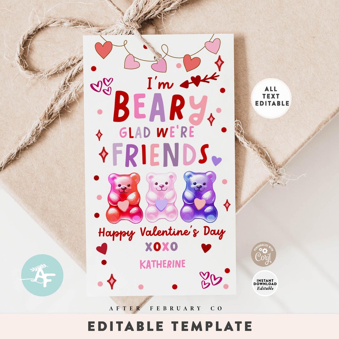 Valentine Gummy Bear Tag: Beary Glad Friends Valentine's Day Gift Tag ...