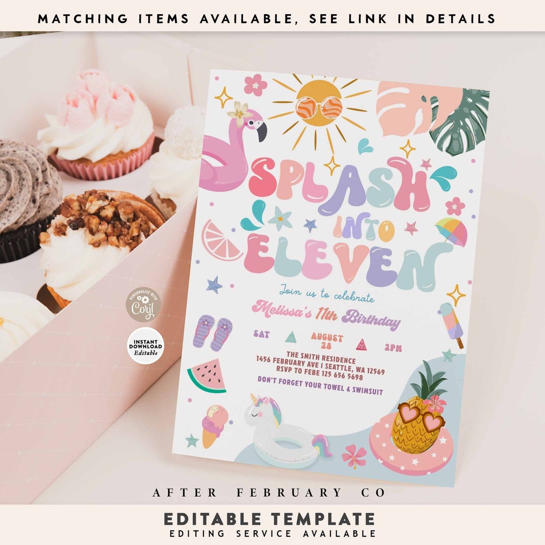 Editable Splash Into ELEVEN 11th Birthday Pool Party Invitation Girly ...
