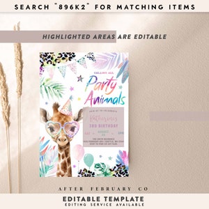 EDITABLE Girl Giraffe Calling All Party Animals Birthday Invitation Wild Jungle Animal Zoo ...