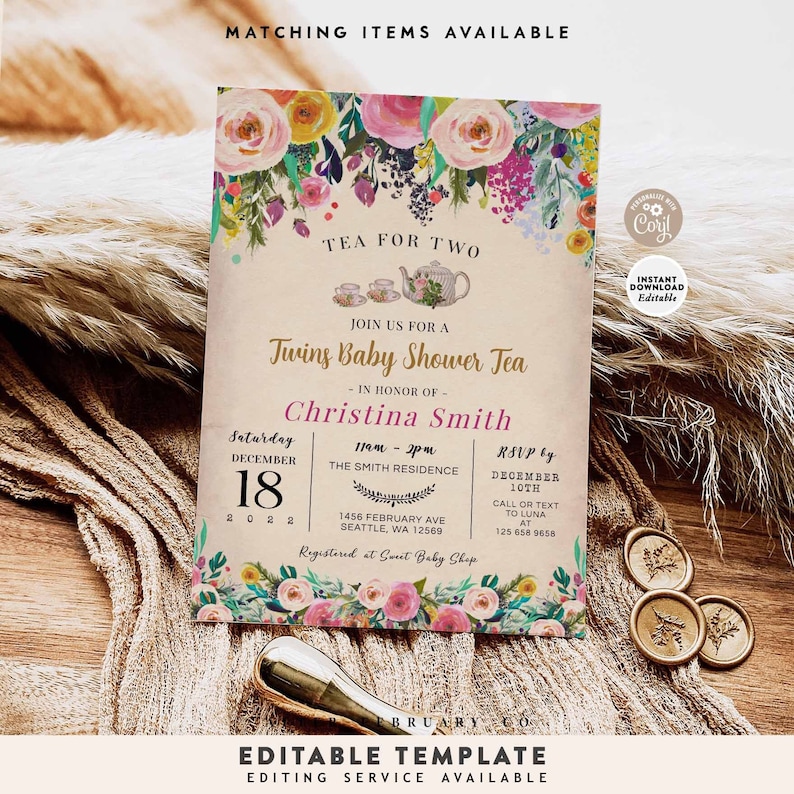 EDITABLE Tea for Two Floral Twin Baby Shower Tea Party Twins - Etsy
