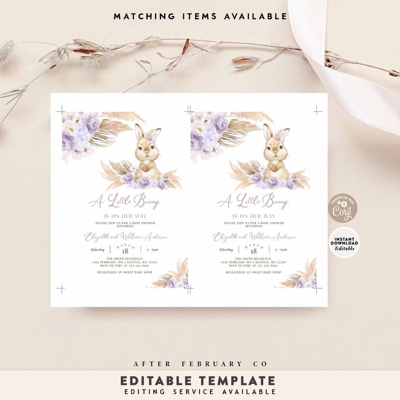 EDITABLE Lavender Purple Pampas Grass Girl Bunny Rabbit Baby - Etsy