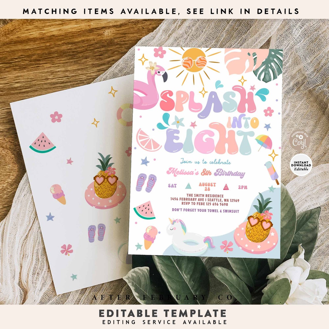 Splash Into Eight 8th Birthday Pool Party Invitation: Summer Swimming ...