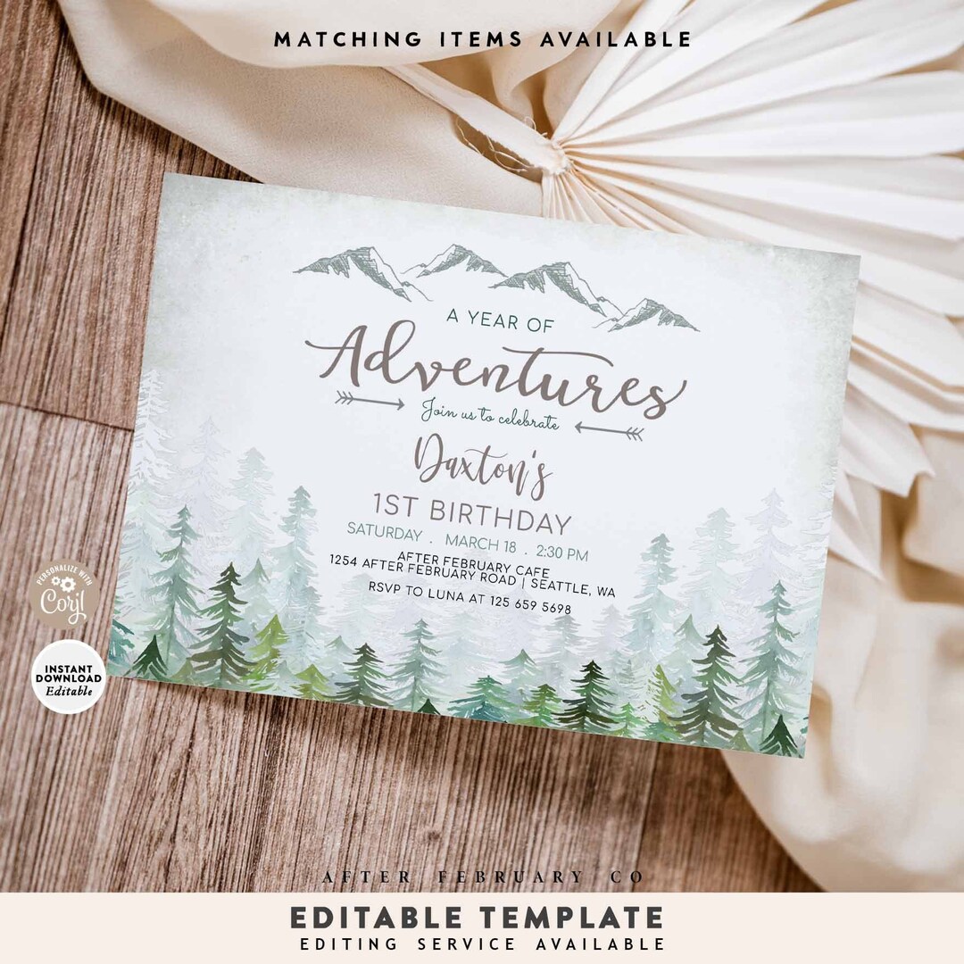 EDITABLE Adventure Birthday Invitation Outdoor Mountain Camping Forest ...