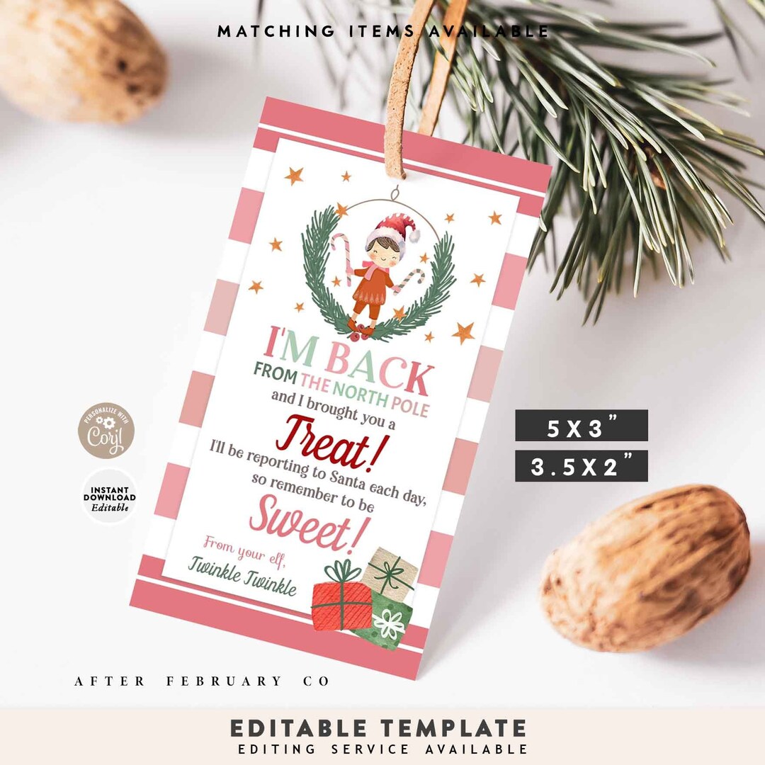 EDITABLE Girl Elf Hello Welcome Back I'm Back Elf Tags Pink Elf Return ...