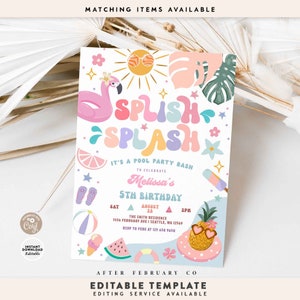 Editable Splish Splash Pool Party Invitation Tropical Girly Summer ...