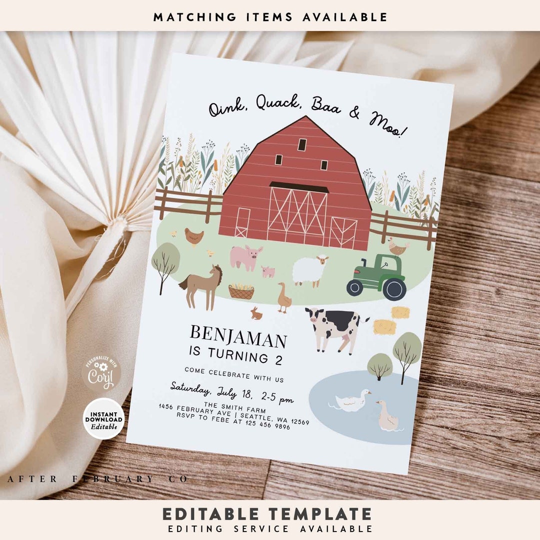 Editable Boy Farm Animals Invitation Petting Zoo Barn Birthday Calling ...