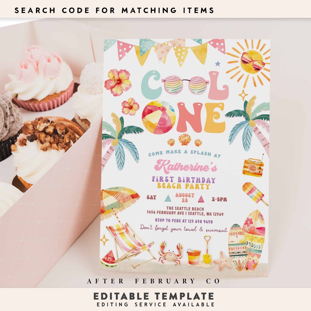 Editable COOL ONE Beach Party 1st Birthday Invitation Girly Summer ...