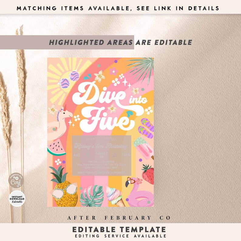 Dive Into Five 5th Birthday Pool Party Invitation: Girl Swimming Invite ...