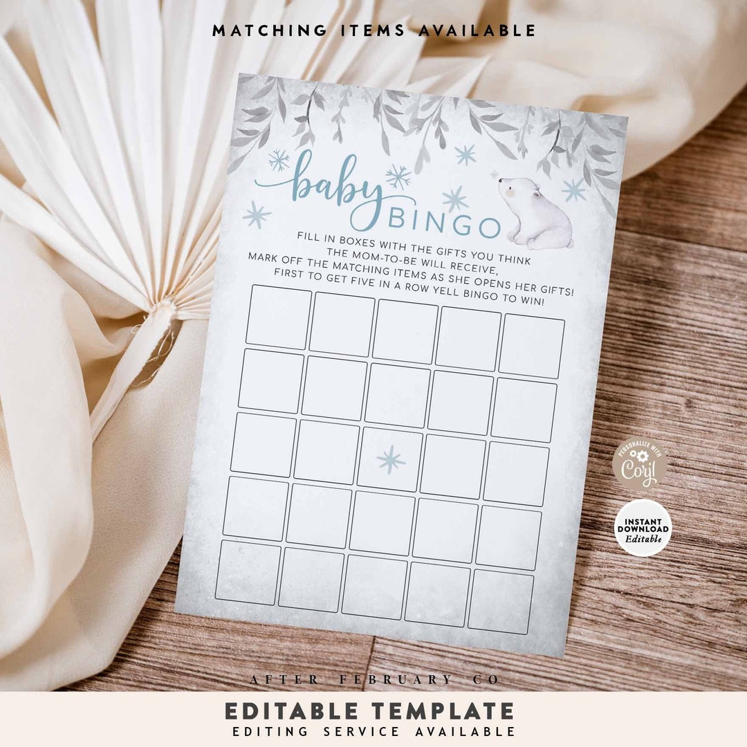 EDITABLE Winter Polar Bear Baby Shower Game Baby Bingo Games Blue Boy ...