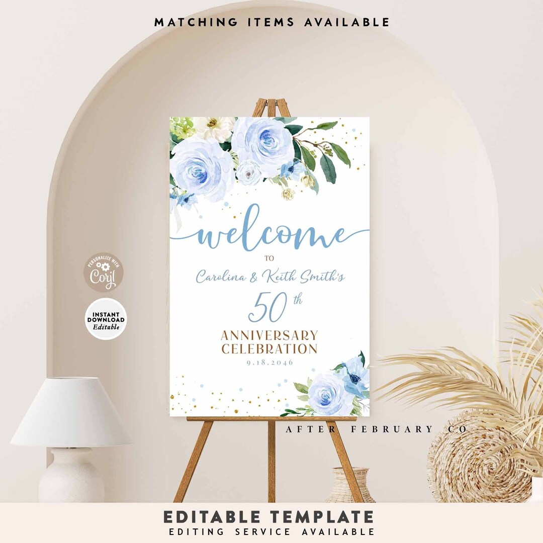 Editable Blue Floral ANY EVENT Wedding Anniversary Light Blue Gold ...