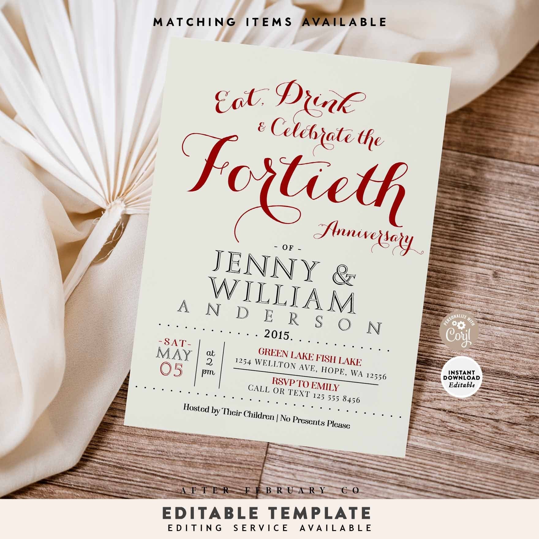 40th Anniversary Invitations Templates