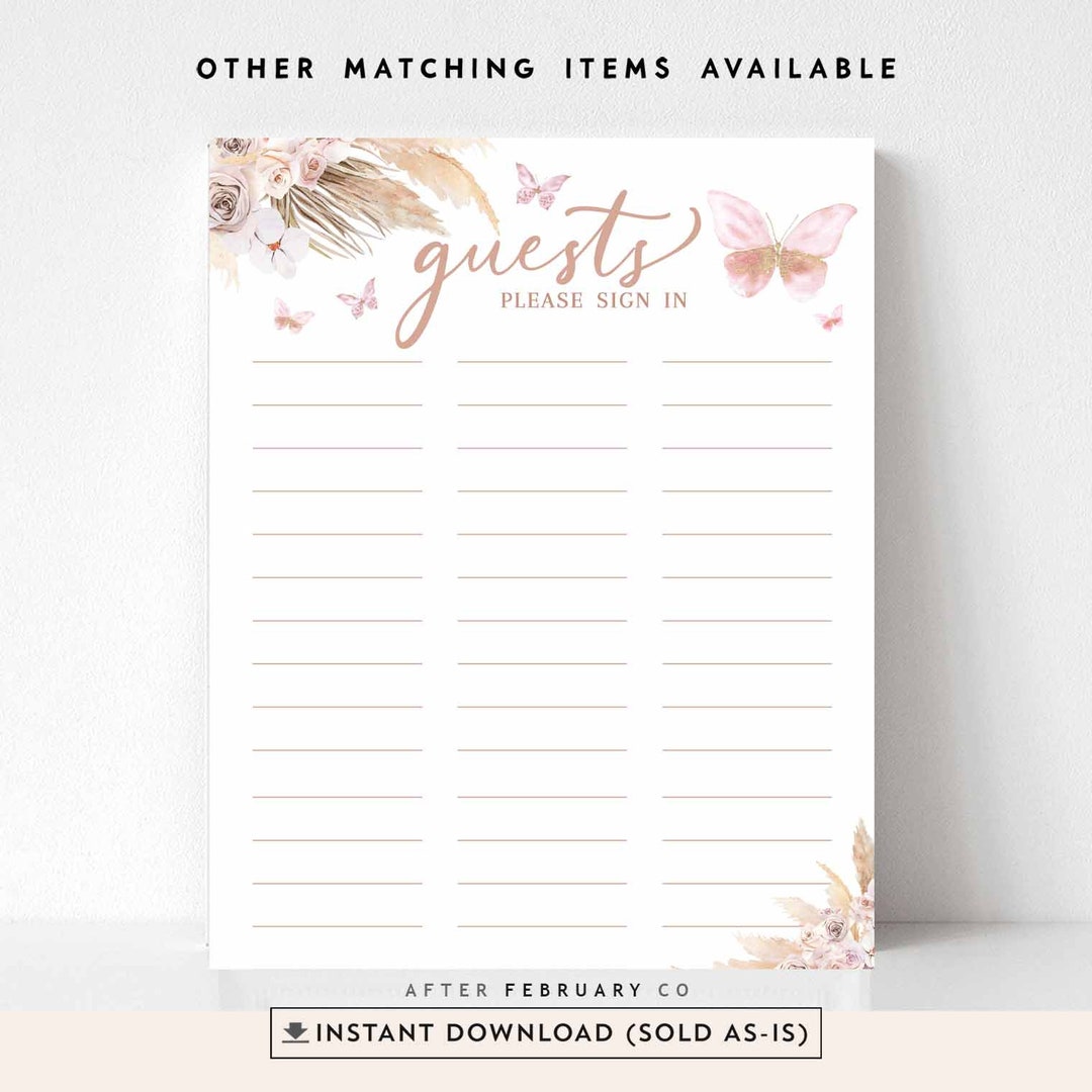 Boho Blush Mauve Pink Pampas Grass Butterfly Baby Shower Butterfly ...