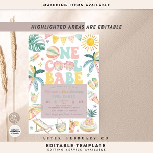 Editable ONE Cool Babe 1st Birthday Pool Beach Party Invitation Girly ...