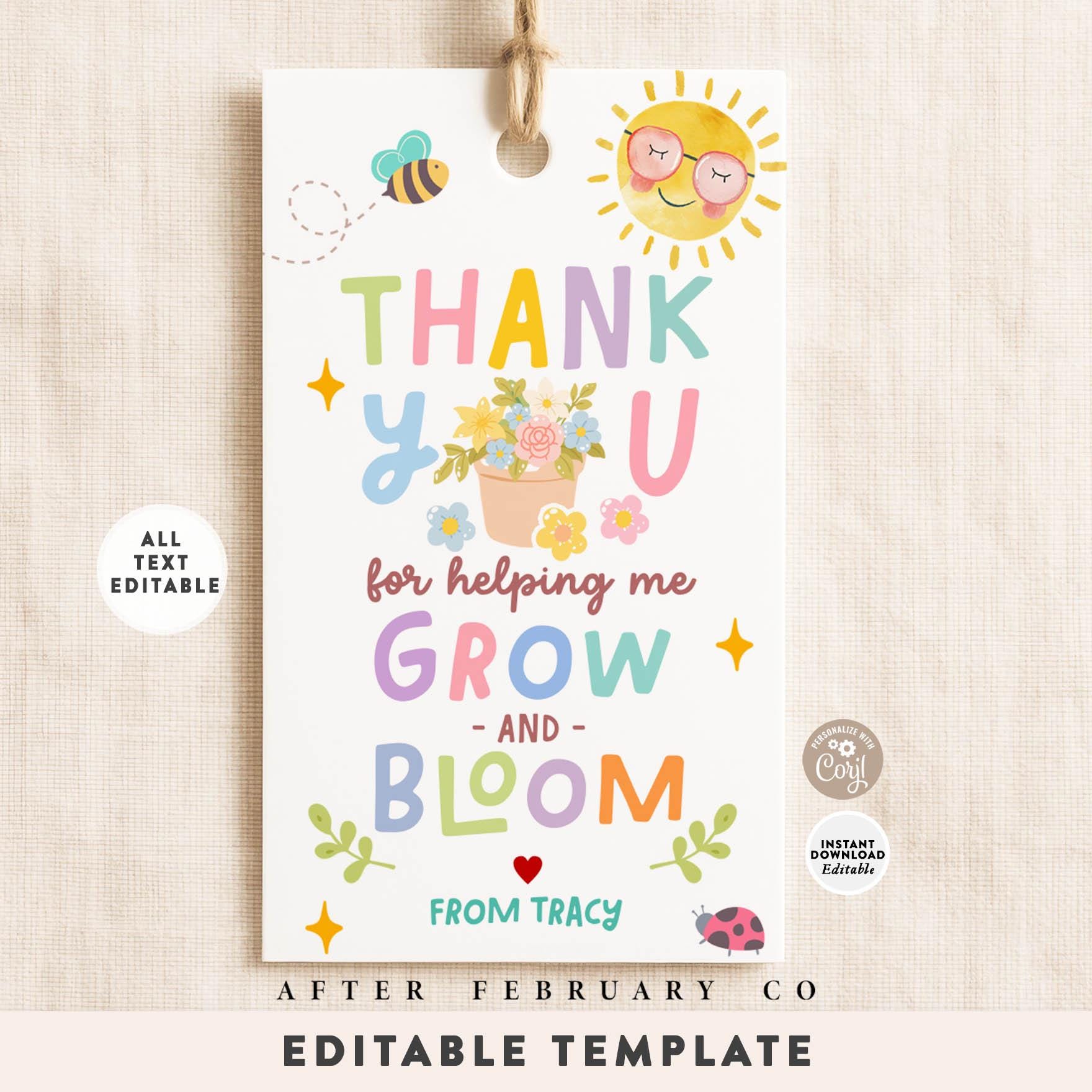 Teacher Helping Me Grow and Bloom Gift Tag: Plant Flower Thank You Tag ...