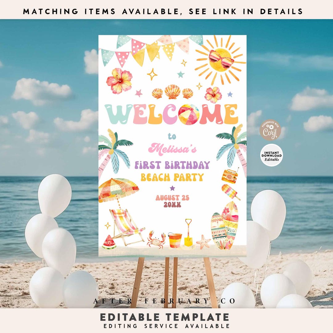 Editable Beach Birthday Welcome Sign: Summer Party Decor (digital ...