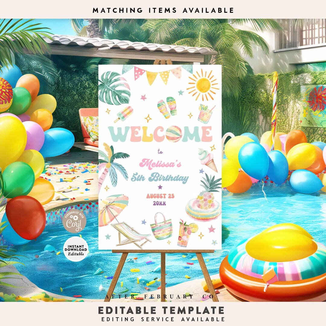 EDITABLE Girl Splash Pad Park Pool Splash Welcome Sign Birthday Welcome ...