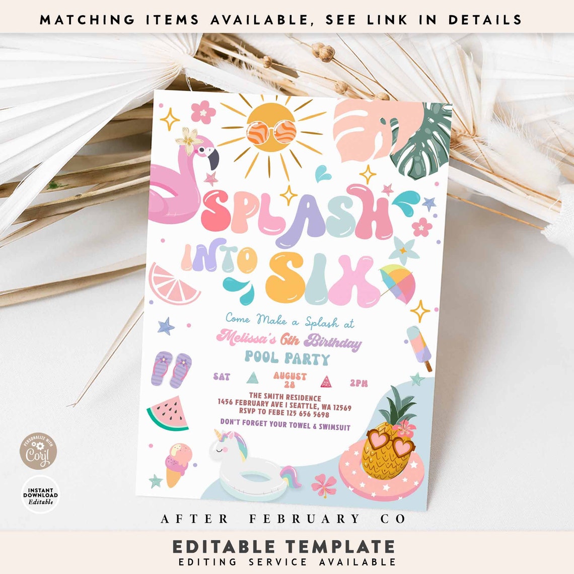 Editable Splash Into SIX 6th Birthday Pool Party Invitation Girly ...