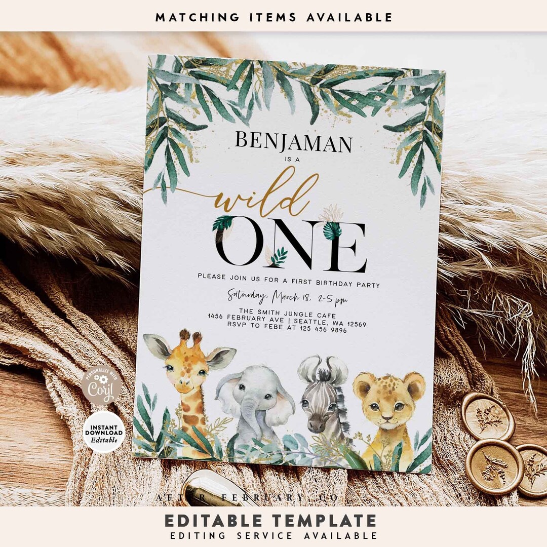 EDITABLE Greenery Safari Jungle Wild ONE Boy Birthday Invitation Jungle ...