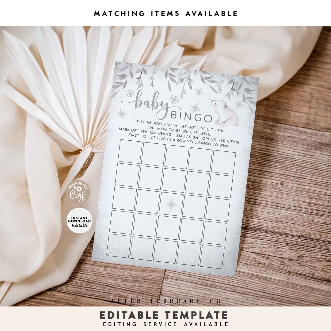 EDITABLE Winter Polar Bear Baby Shower Game Baby Bingo Games Gender ...