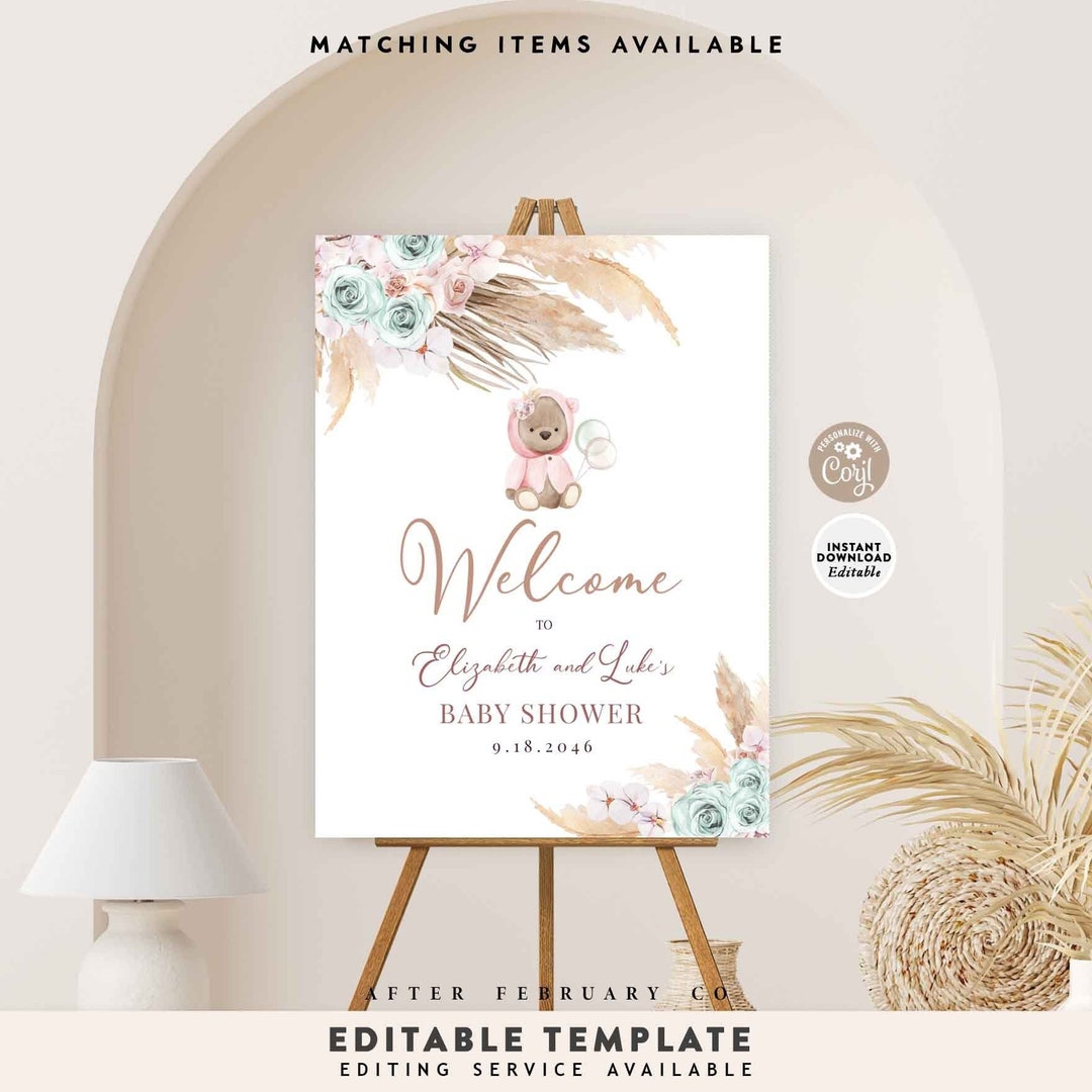 EDITABLE Boho Pink Mint Teddy Bear Baby Shower Welcome Sign Girl Boho ...