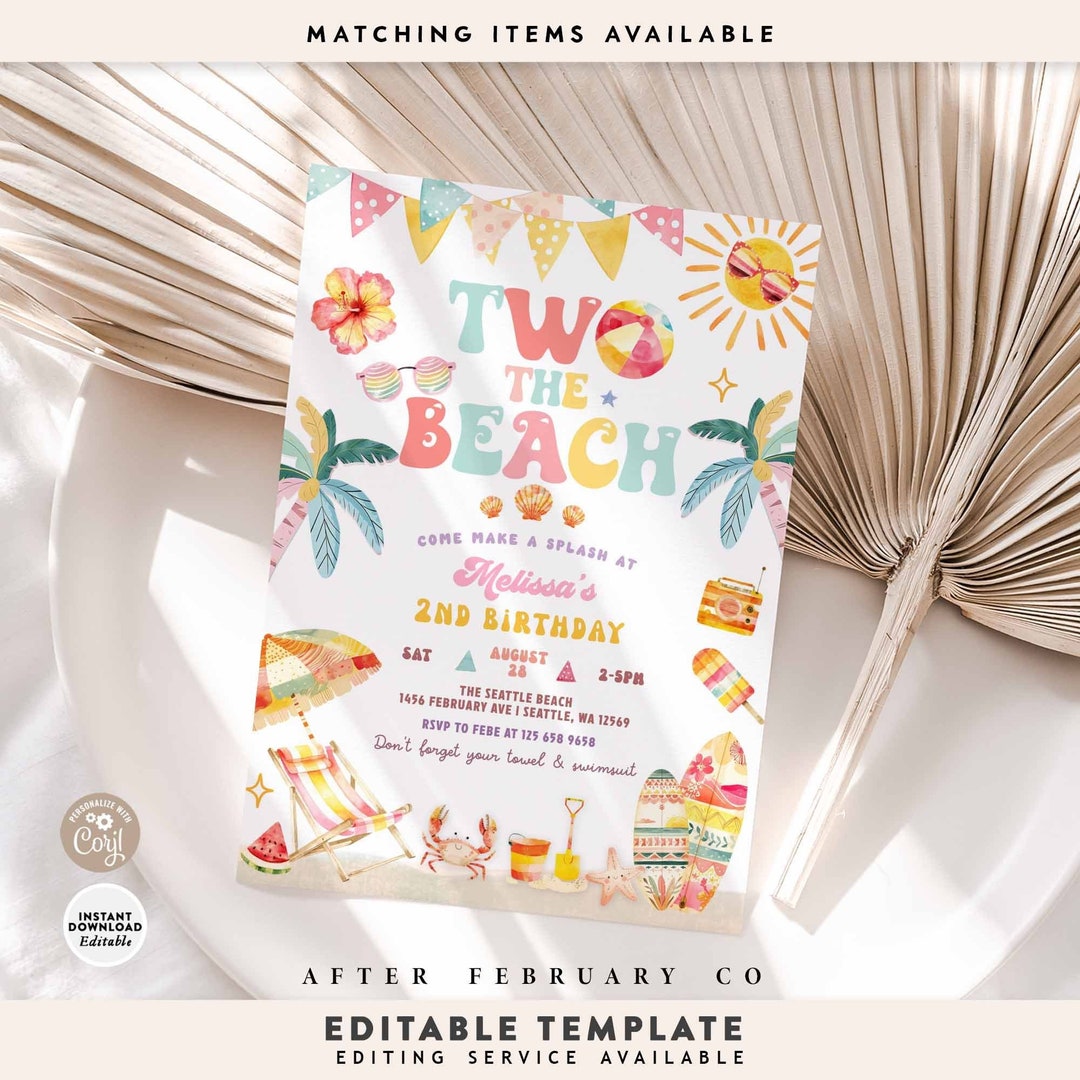 Editable TWO the Beach Party 2nd Birthday Invitation Girly Summer ...