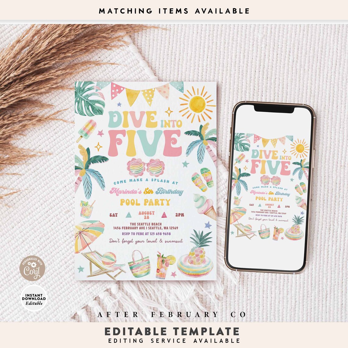 Dive Into Five 5th Birthday Pool Party Invitation: Pink Swimming Invite ...