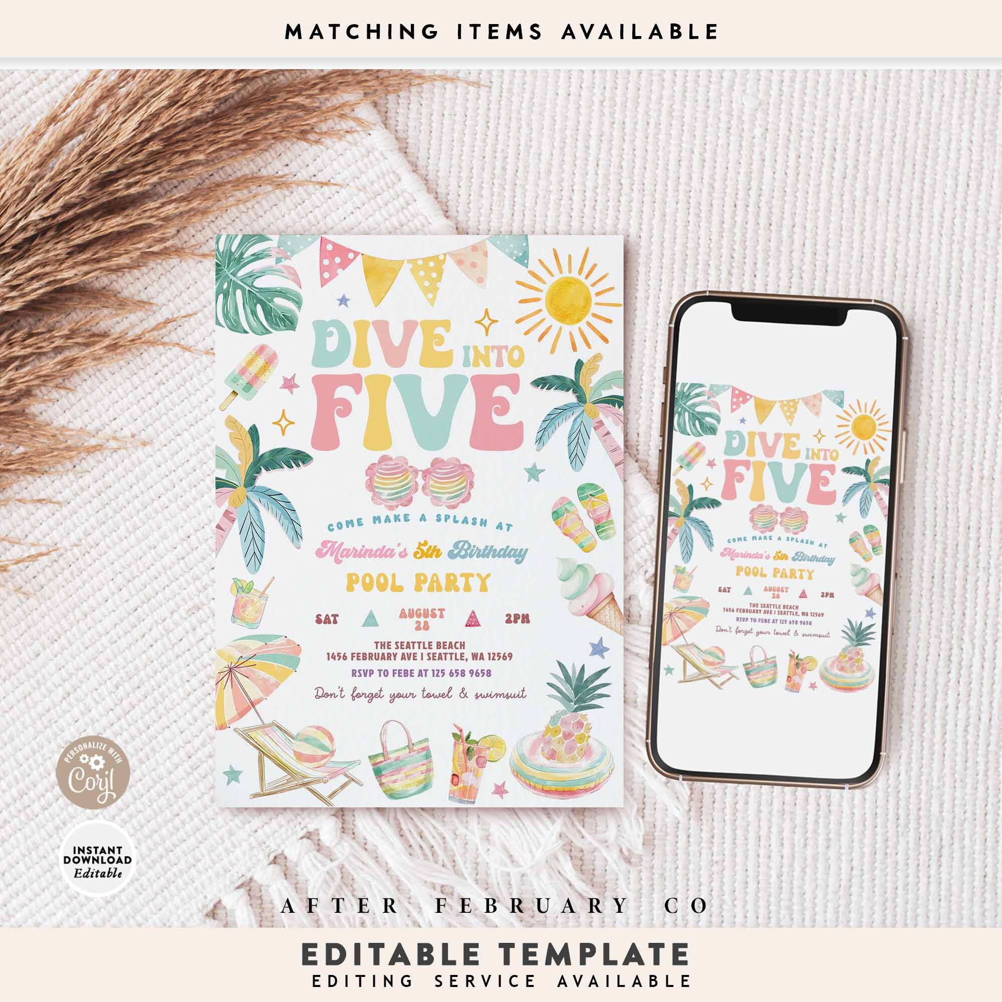 Dive Into Five 5th Birthday Pool Party Invitation: Pink Swimming Invite ...
