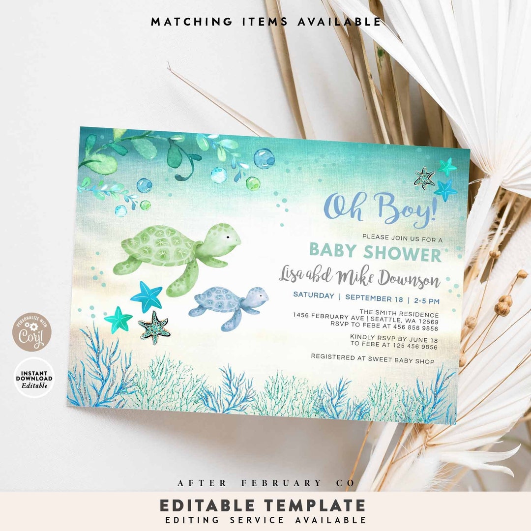 EDITABLE Sea Turtle Baby Boy Shower Invitation Oh Boy Mint Blue Teal ...