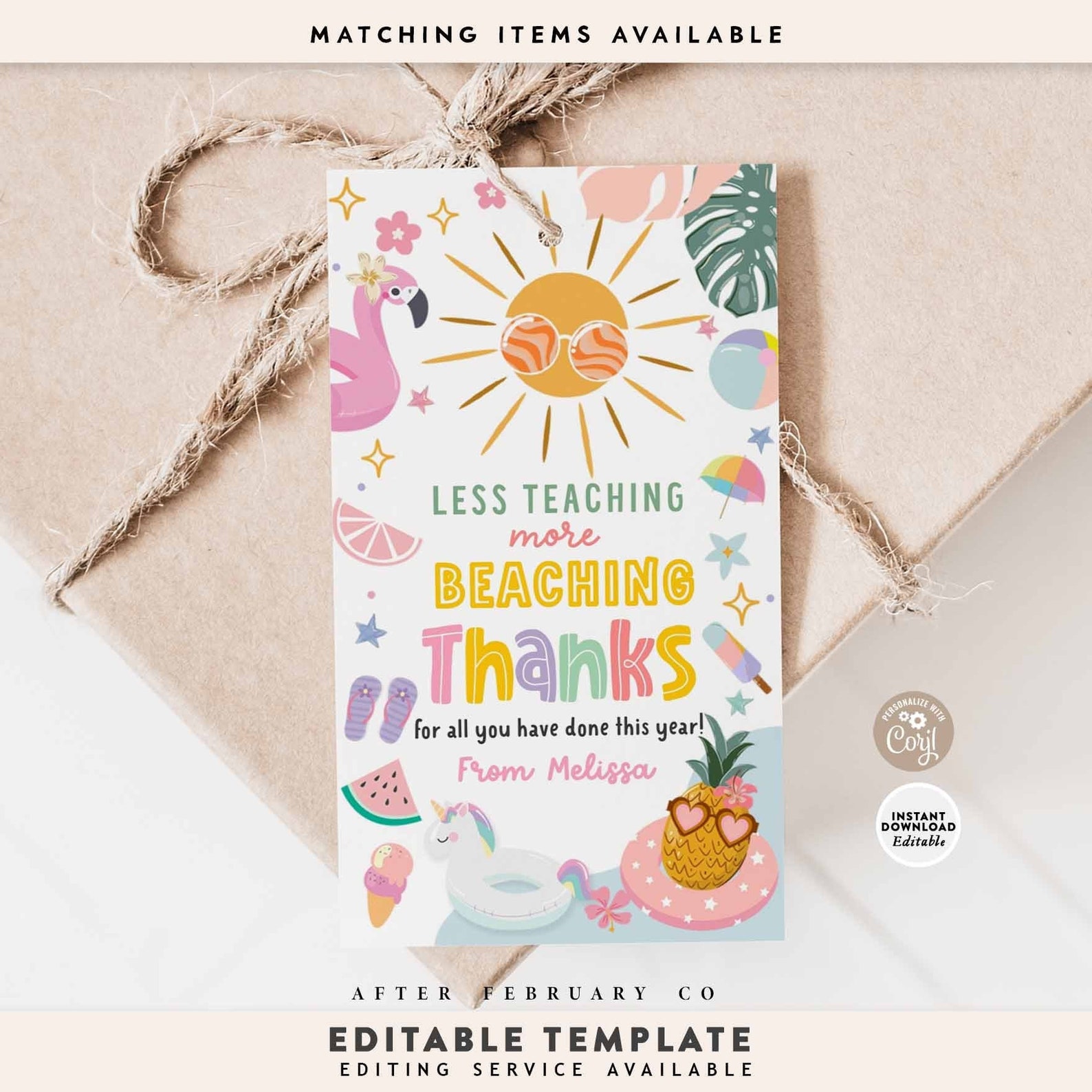 Editable Less Teaching More Beaching Teacher Appreciation Gift Tags ...