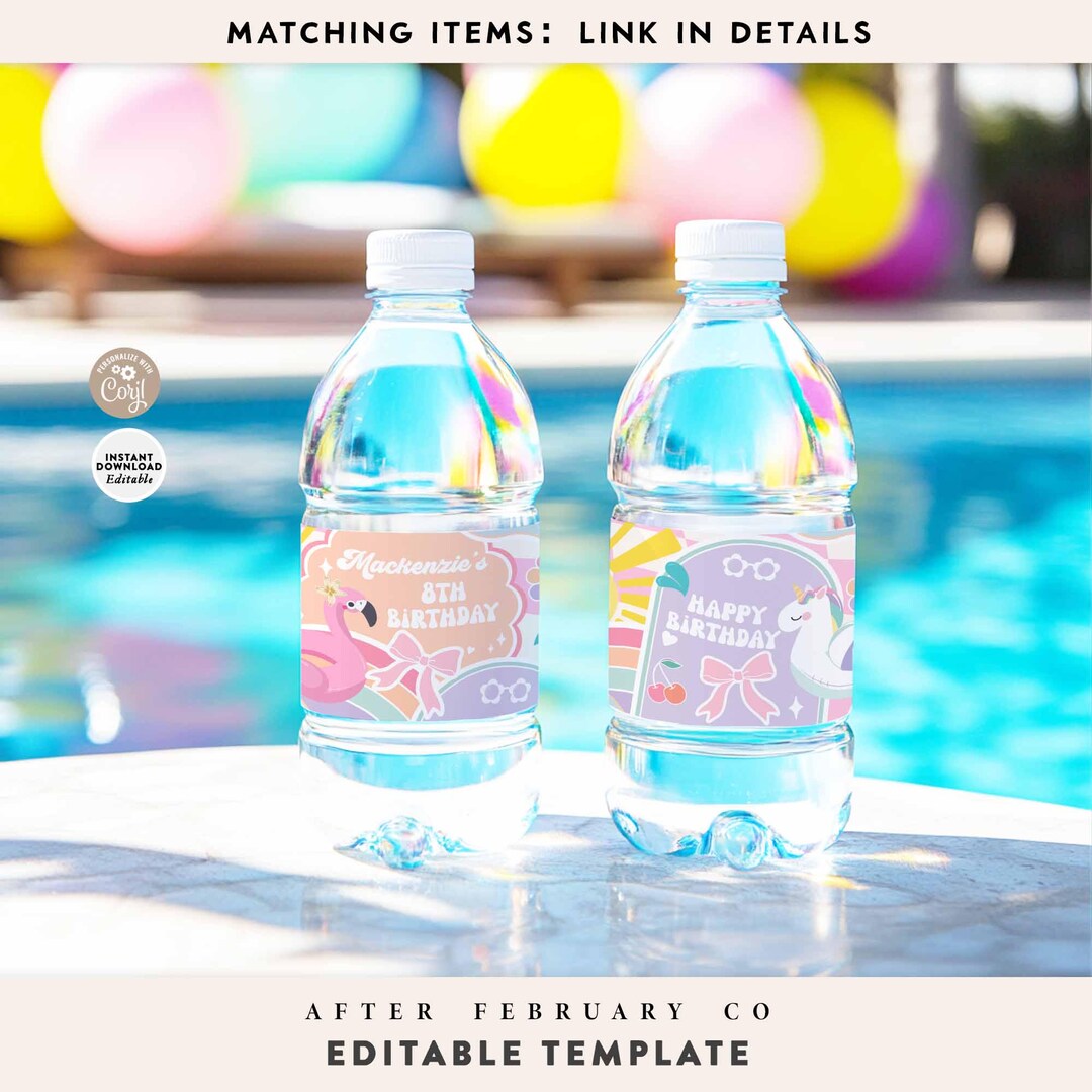 Editable Preppy Pool Birthday Water Bottle Labels: Birthday Decor ...