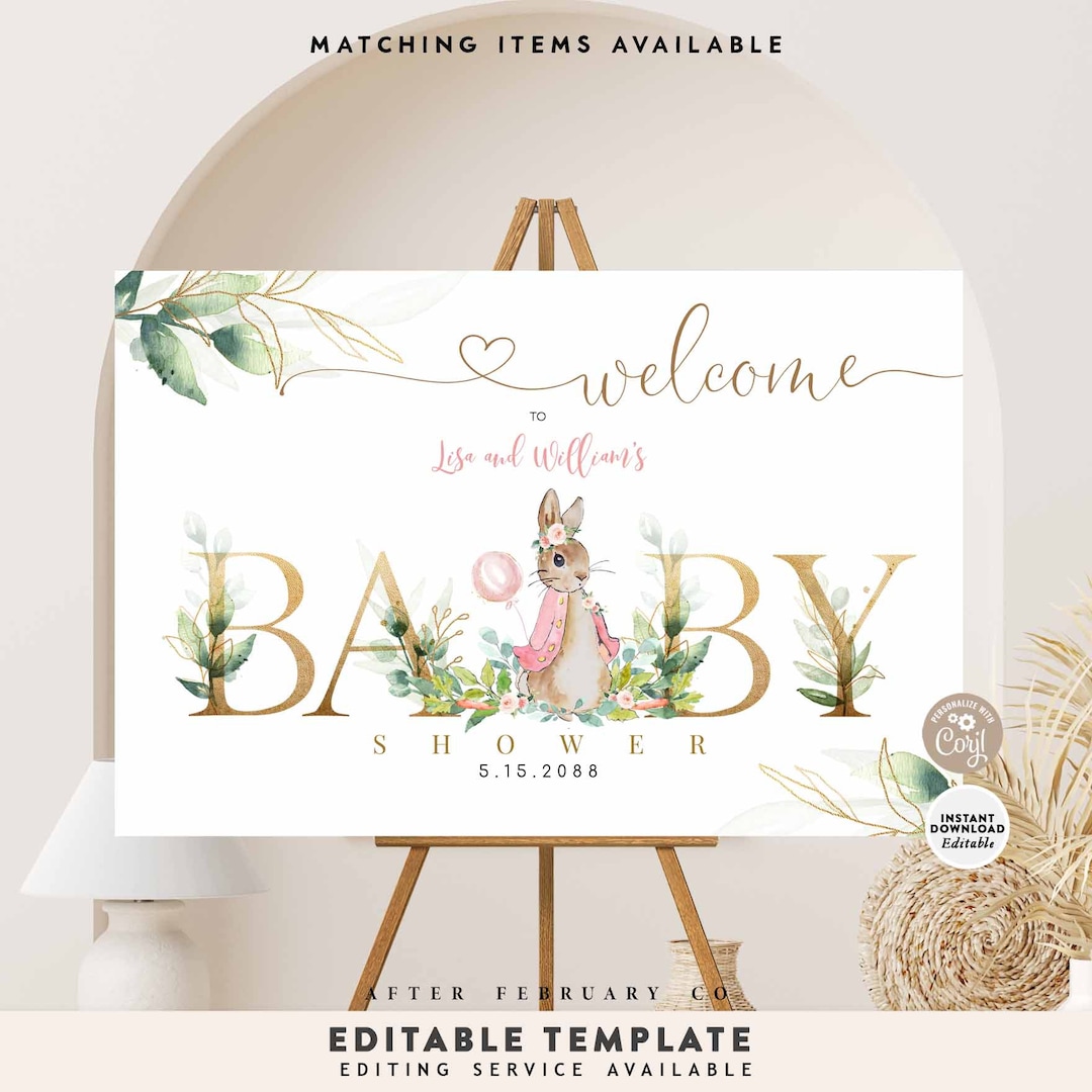 EDITABLE Greenery Flopsy Pink Peter Rabbit Baby Shower Welcome Yard ...