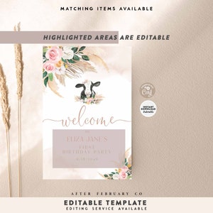 EDITABLE Boho Pink Cow Holy Cow Baby Shower Welcome Sign Girl Boho ...