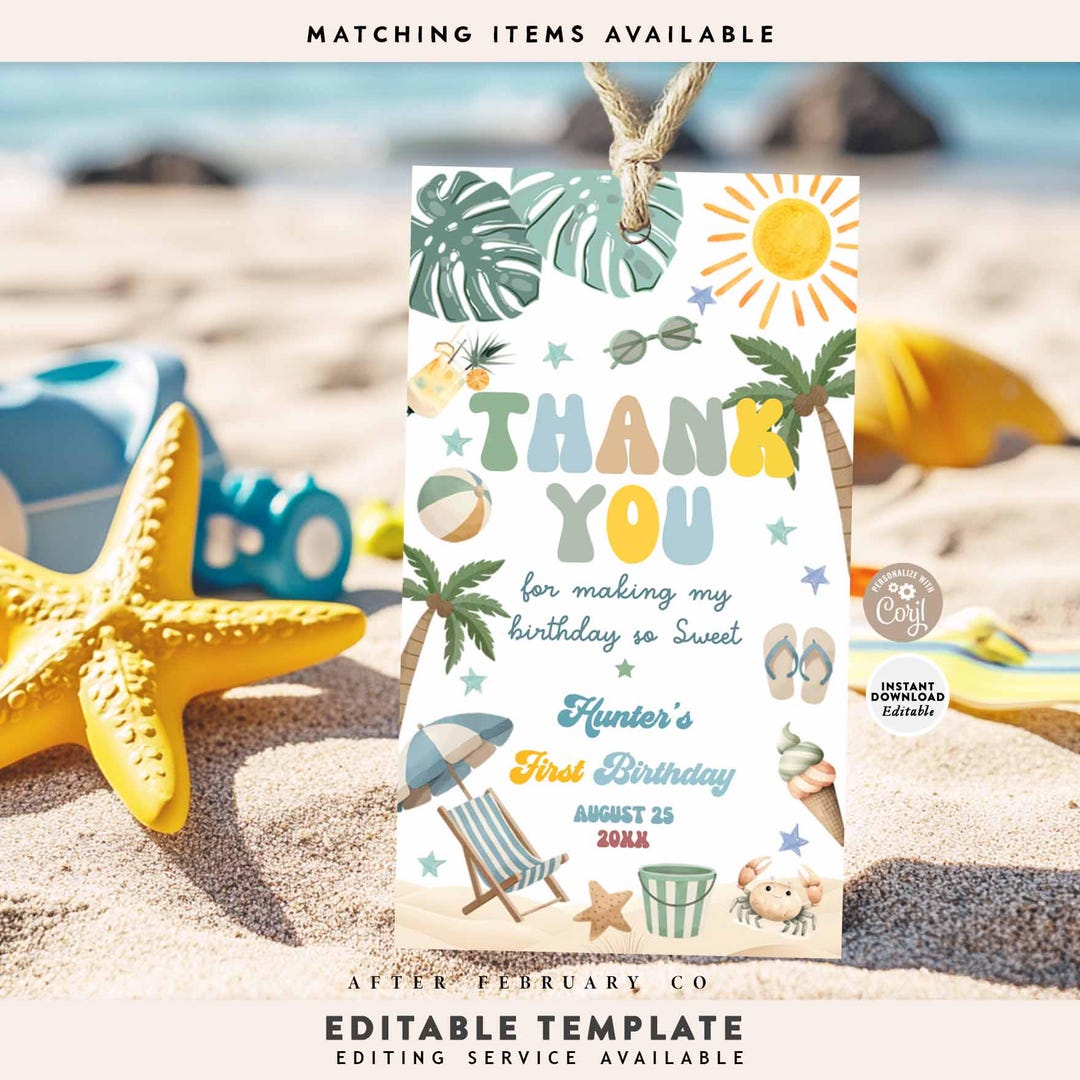 Editable Beach Party Thank You Tags: Birthday Favor Labels Printable ...