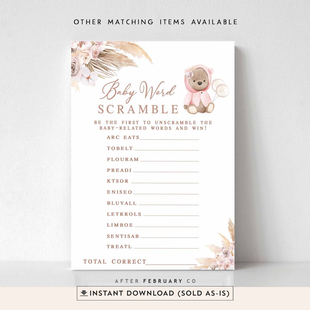 Pampas Grass Pink Boho Teddy Bear Baby Word Scramble Game Baby Shower ...