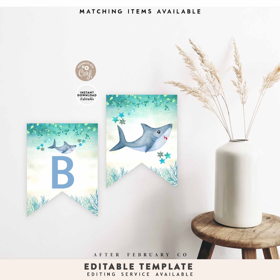 EDITABLE Shark Under the Sea Baby Shower Pennant Banner Sign ANY EVENT ...