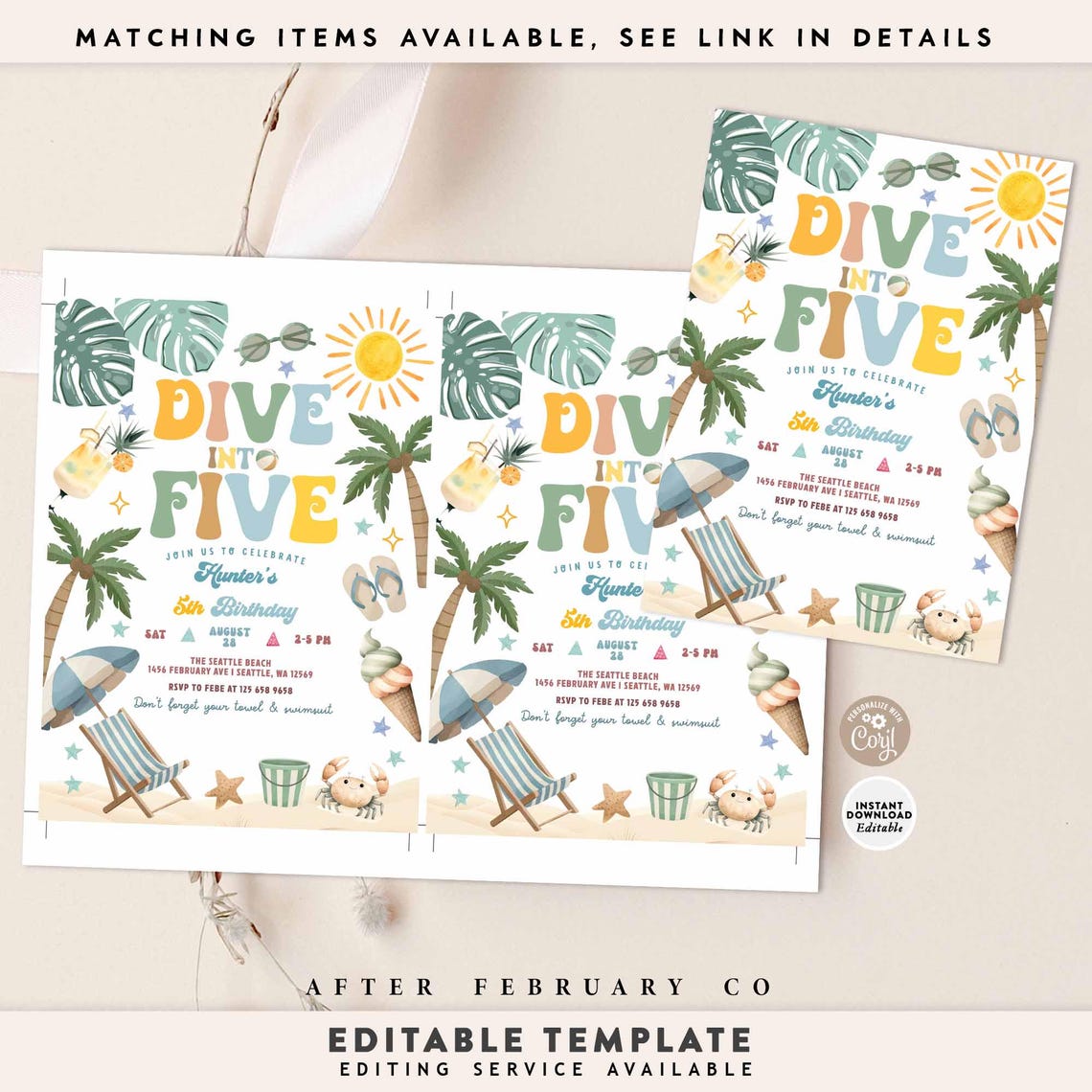 Dive Into Five Boy 5th Birthday Invitation: Beach Theme Birthday Invite ...