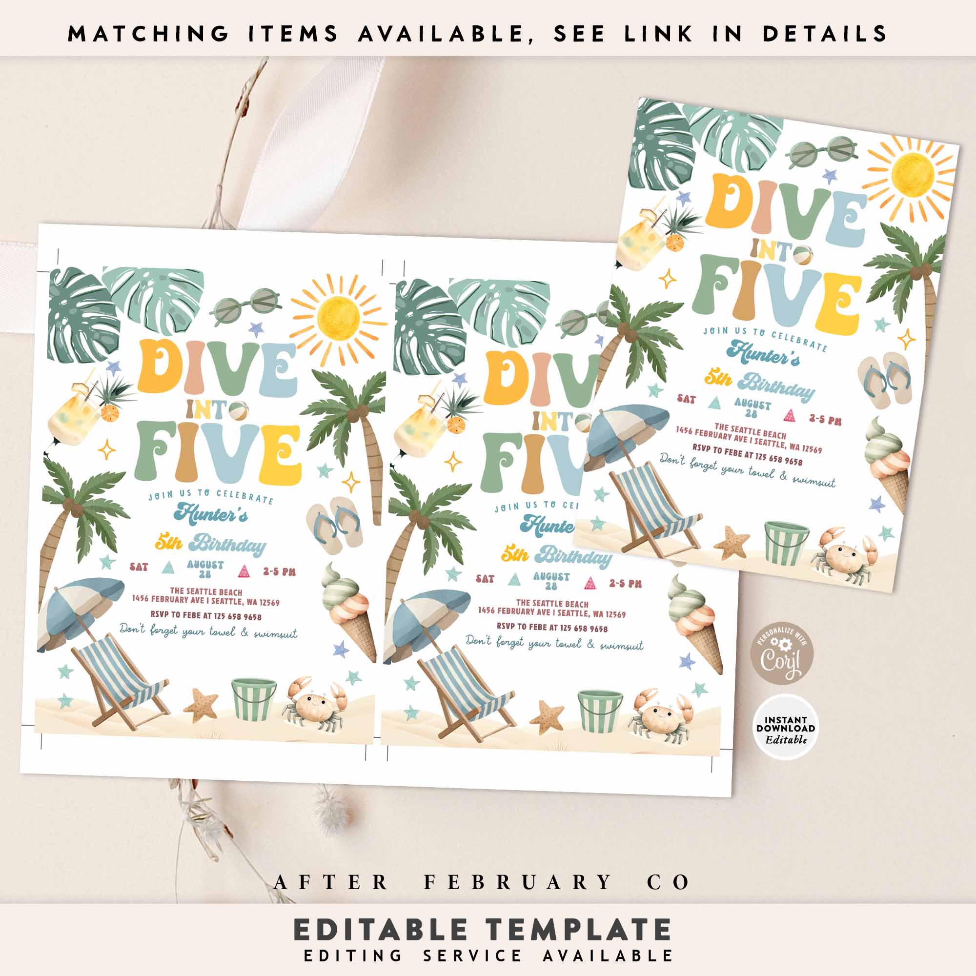 Dive Into Five Boy 5th Birthday Invitation: Beach Theme Birthday Invite ...