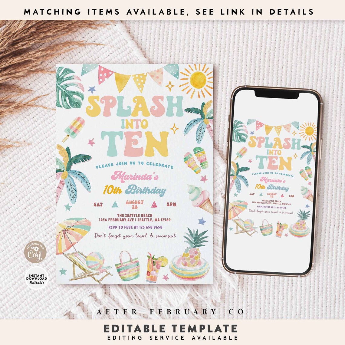 Splash Into TEN 10th Birthday Pool Party Invitation: Beach Theme Invite ...
