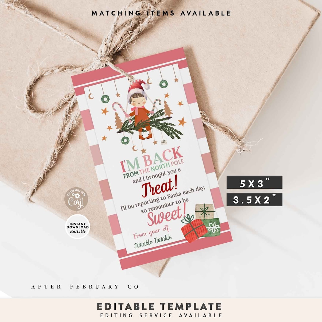 EDITABLE Girl Elf Hello Welcome Back I'm Back Elf Tags Pink Elf Return ...