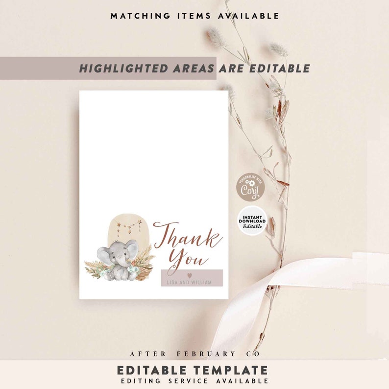 EDITABLE Boho Pampas Grass Neutral Elephant Thank You Folded | Etsy