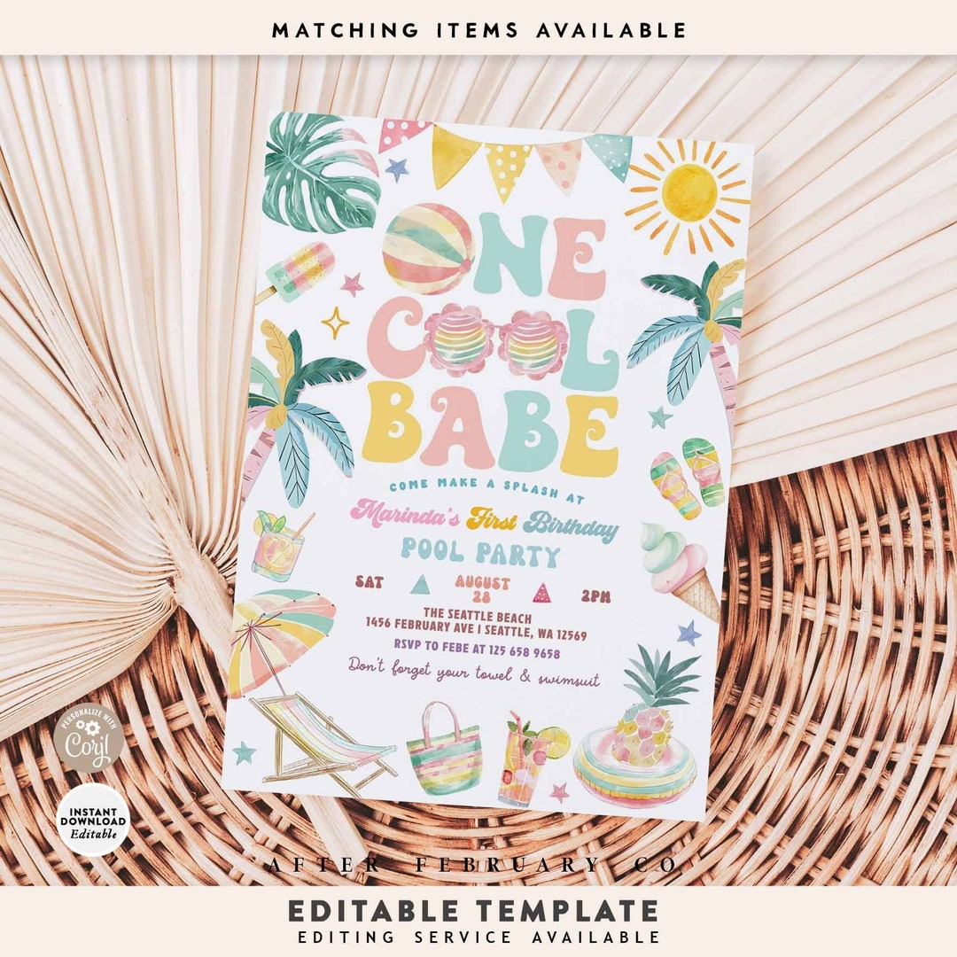 Editable ONE Cool Babe 1st Birthday Pool Beach Party Invitation Girly ...