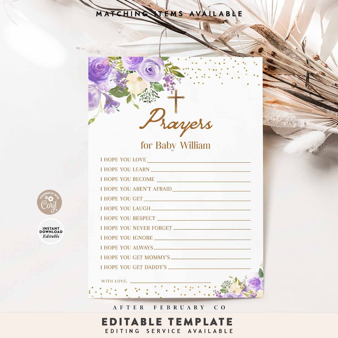 EDITABLE Lavender Purple Gold Floral Baptism Prayers Girl Floral ...