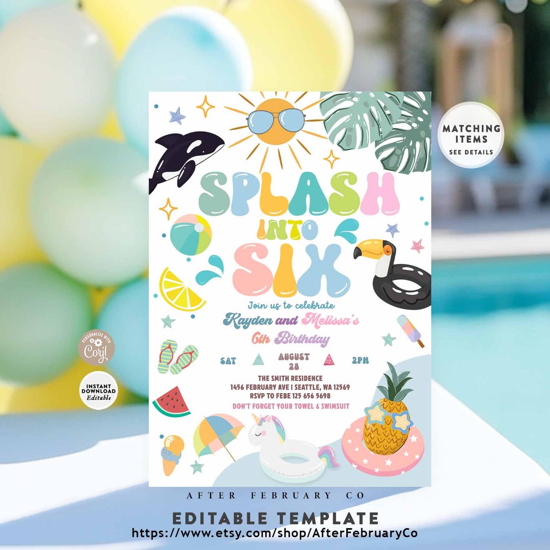 Splash Into SIX Boy Girl 6th Birthday Pool Party Joint Invitation ...