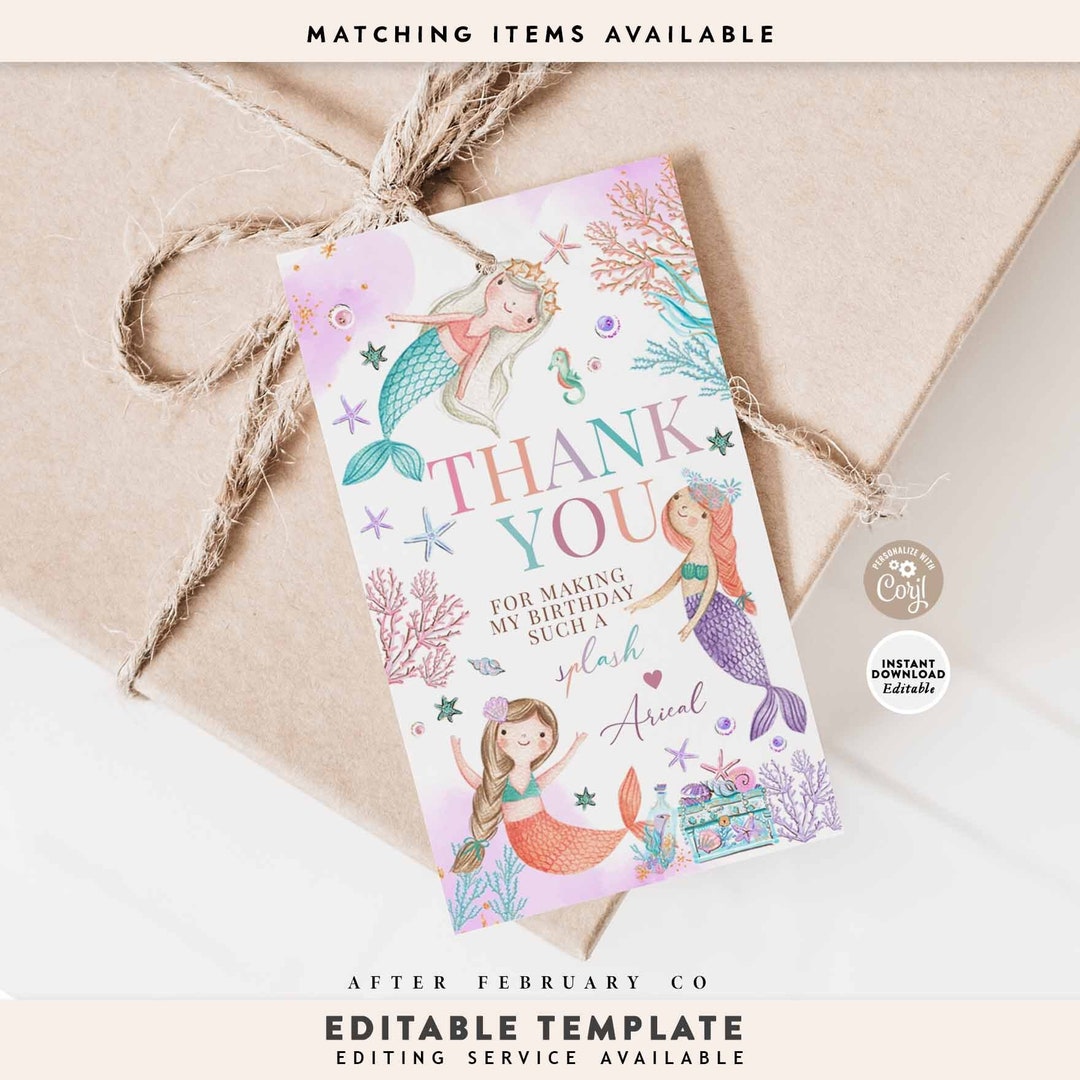 Mermaid Birthday Thank You Tag: Under the Sea Party Favors Tags ...