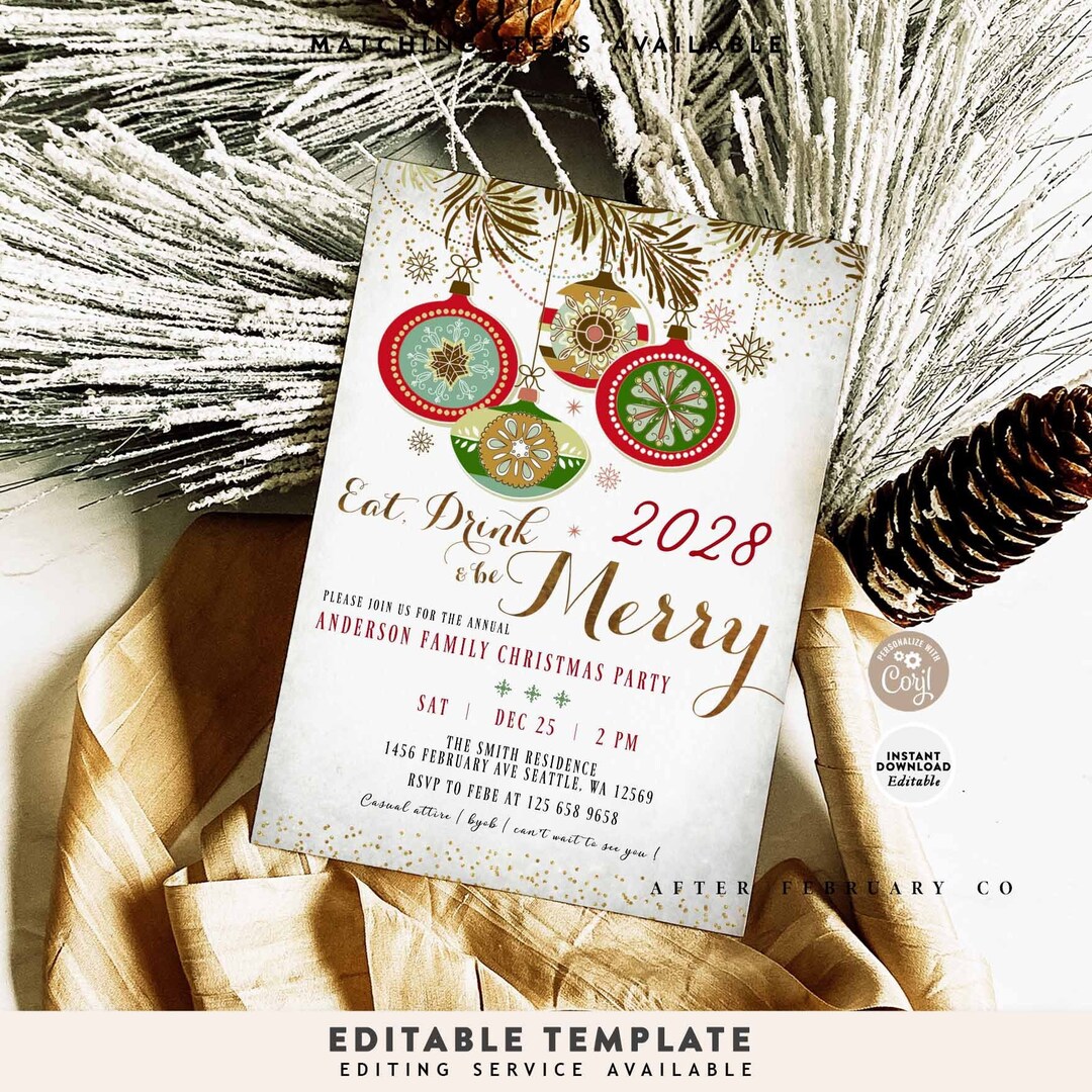 Editable Holiday Party Ornament Exchange Christmas Party Invitations ...