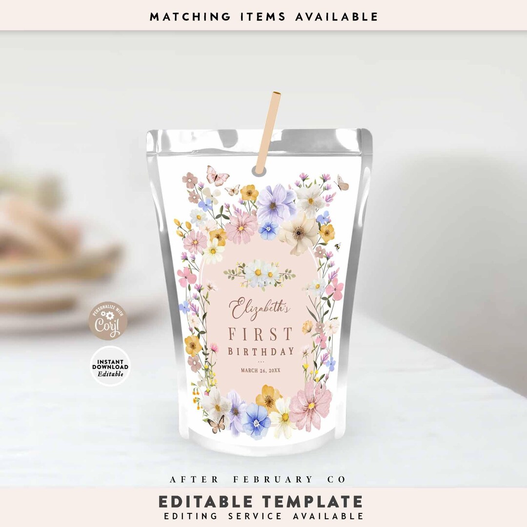 Editable Wildflower Daisy Meadow Floral Butterfly Birthday Capri Sun ...