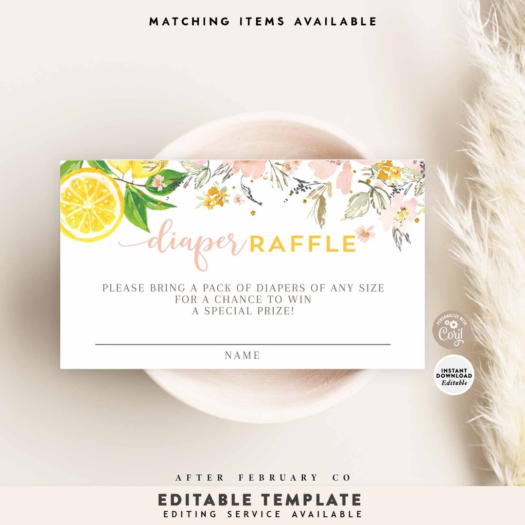 EDITABLE Lemon Diaper Raffle Ticket Printable Lemon Pink Floral Girl ...