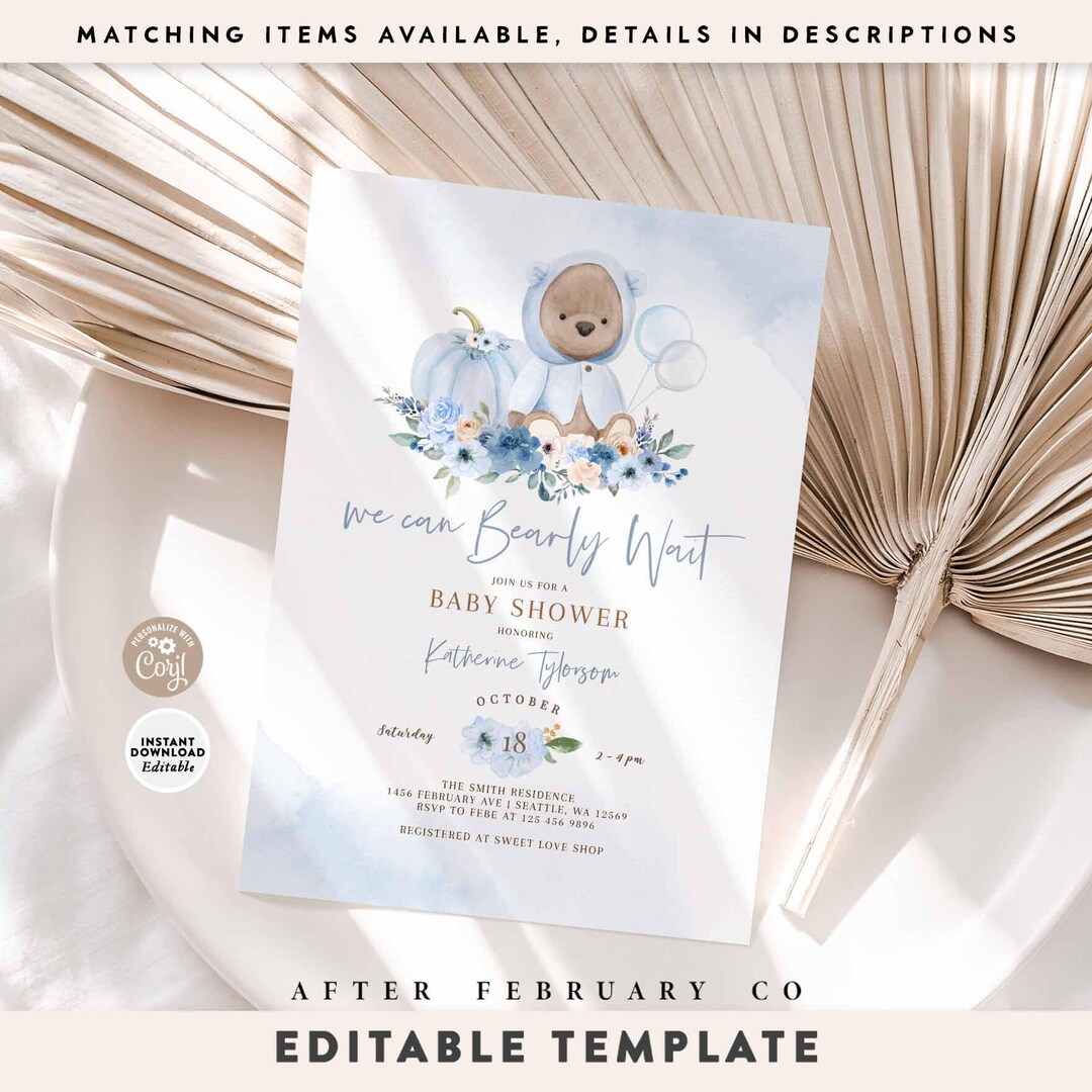 Editable Boho BLUE Bly Teddy Bear Pumpkin Baby Shower Invitation Fall ...